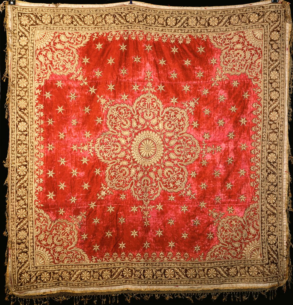 A Scarlet Velvet Floor Cover with Green Velvet Border, Densely ...