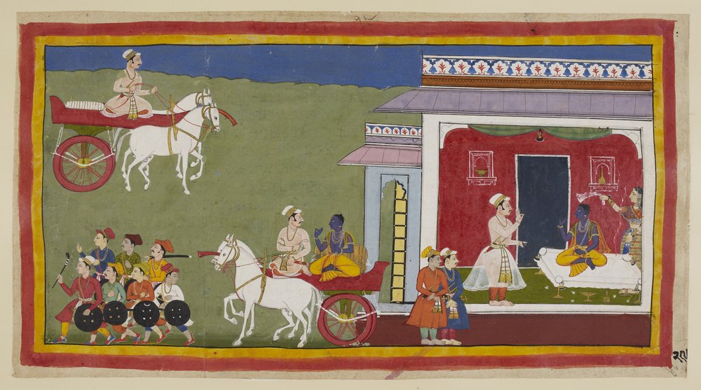 Sumantra arrives in a chariot at Rama's palace, finds him seated on a ...