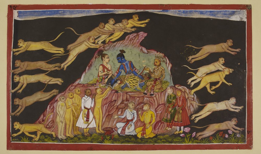 Rama, Laksmana and Sugriva are seated on a rocky eminence. Sugriva ...
