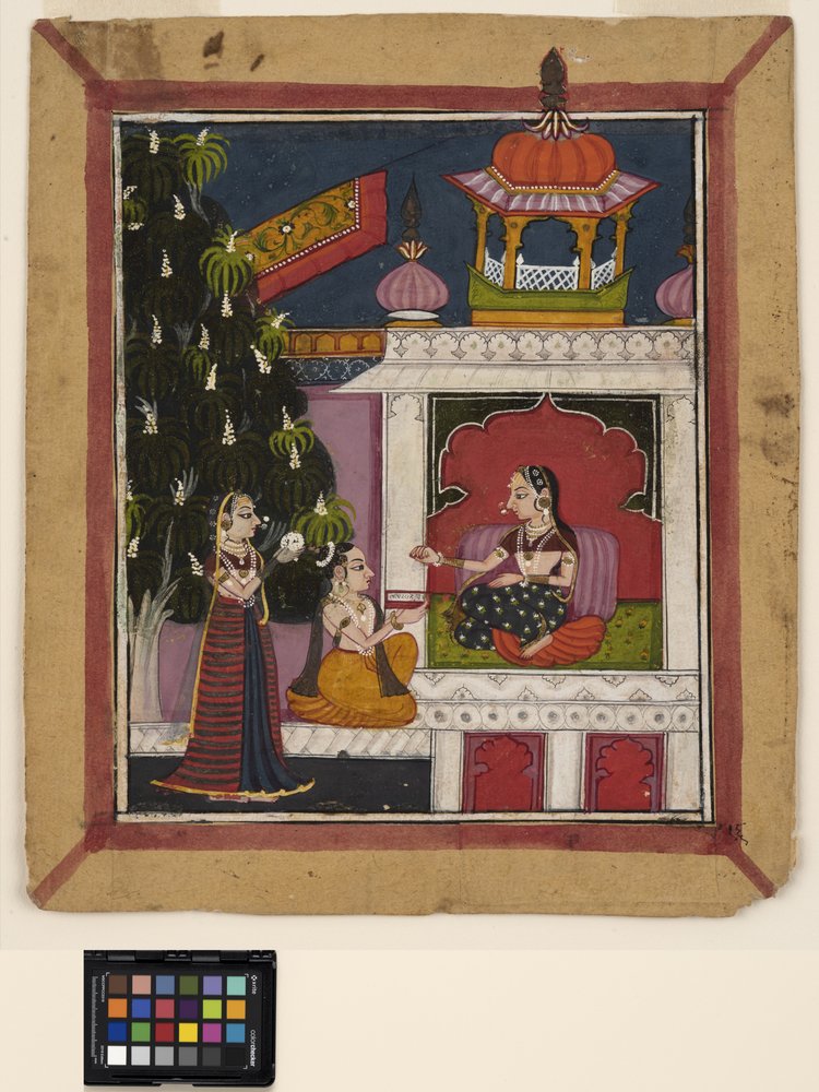 Raga: A kneeling man offers a book to a lady in a pavilion, c.1800
