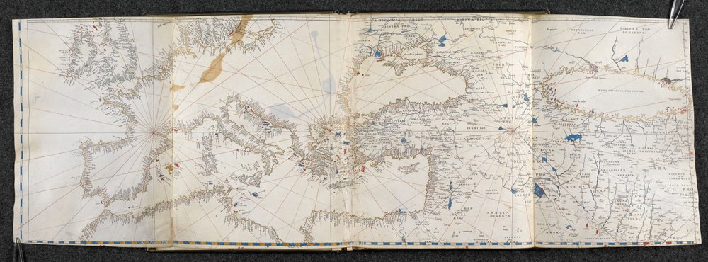 Add. 21592, f.1r Map of Europe and Asia. Portolano, in twenty-one maps ...