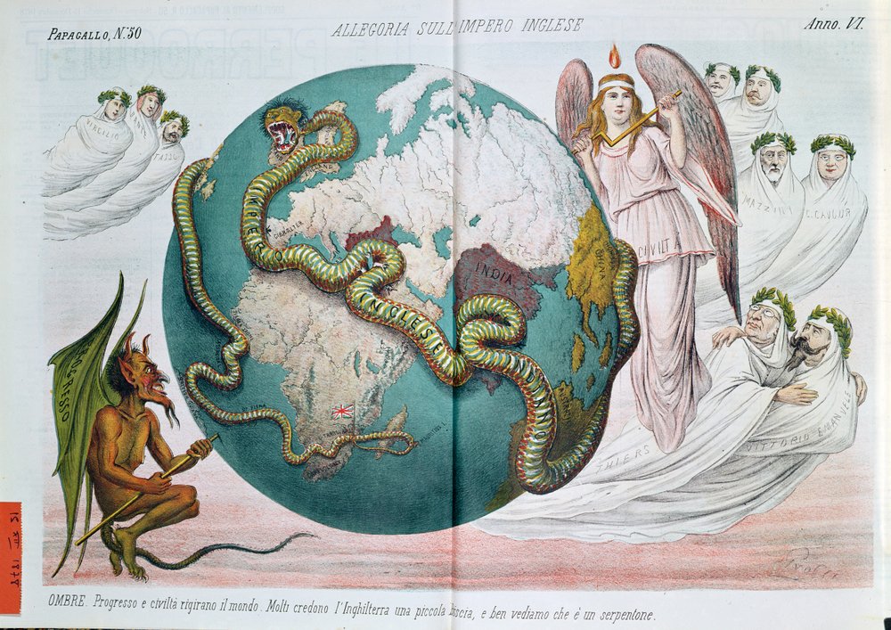 Allegory of the British Empire strangling the world, satirical cartoon ...