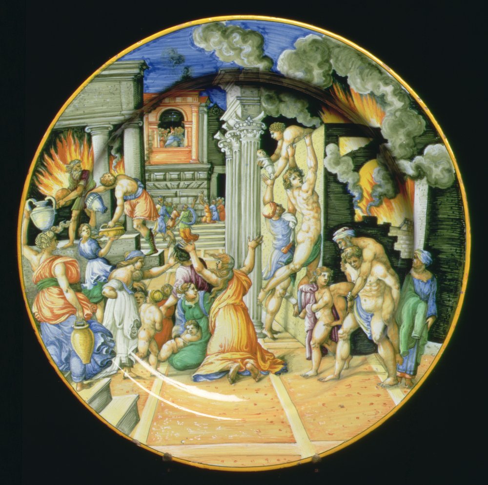 Maiolica plate depicting the burning of Troy with Aeneas carrying his ...
