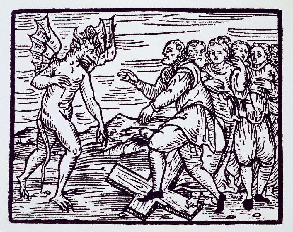 Male witch renouncing Christ, copy of an illustration from Compendium ...