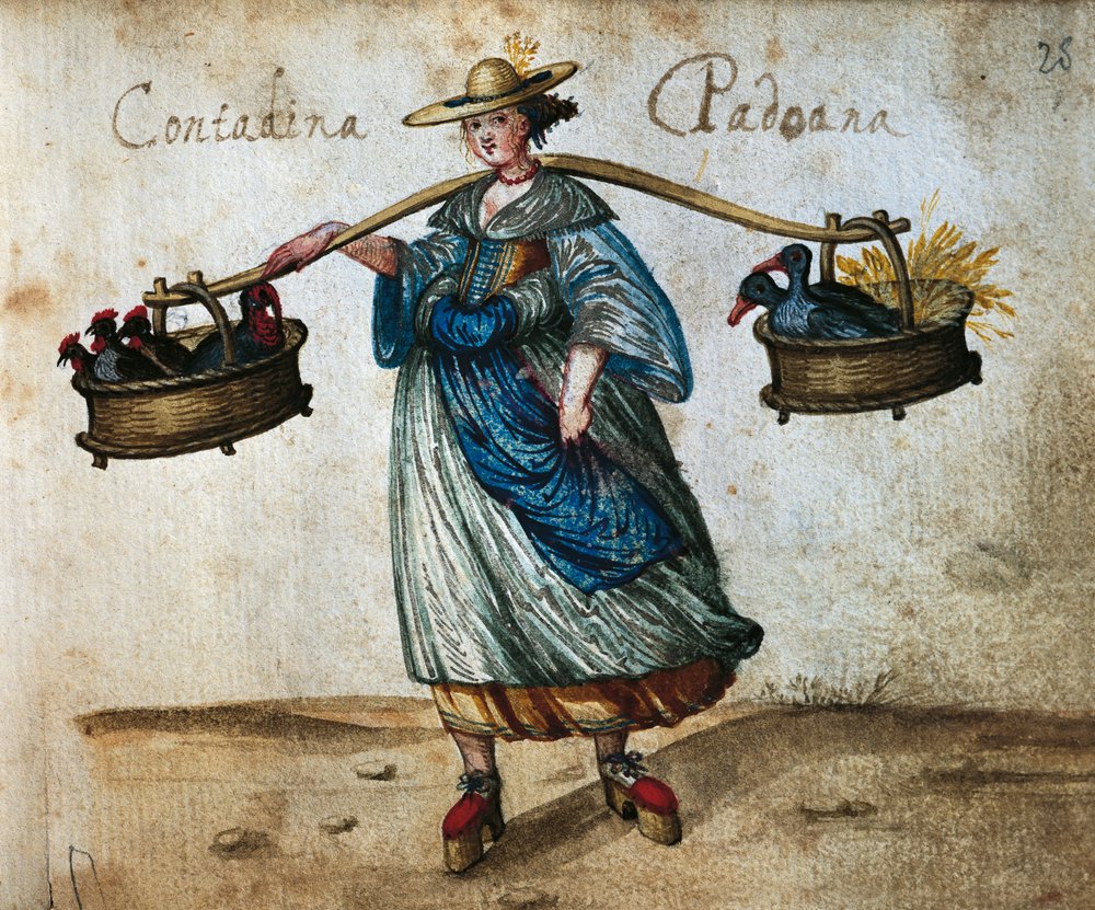 Peasant with courtyard animals in baskets, Female peasant from Padua ...