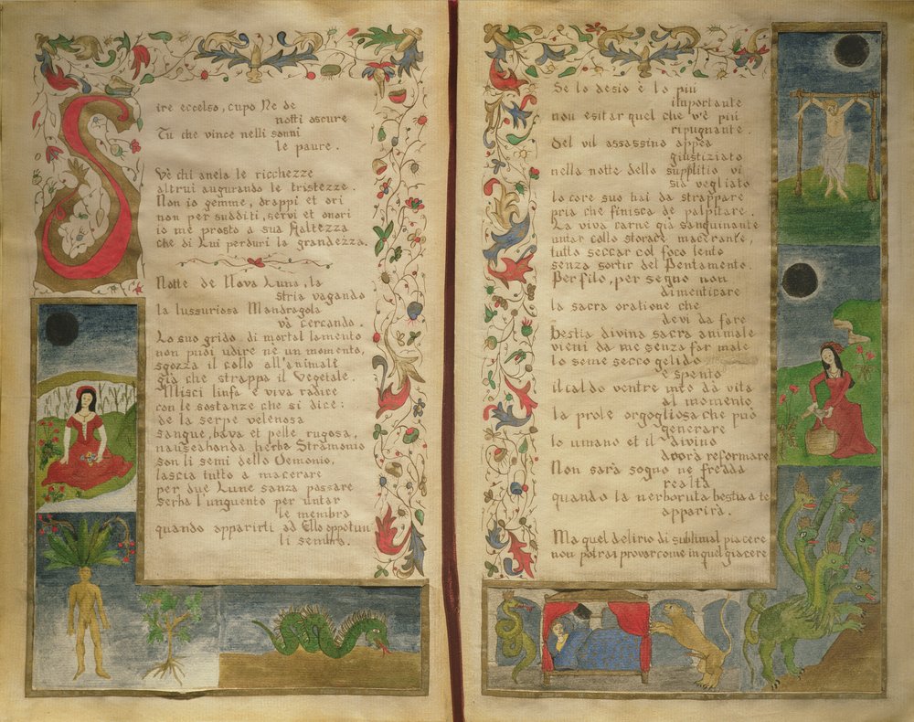 Verses and border illustrations on how to summon the devil