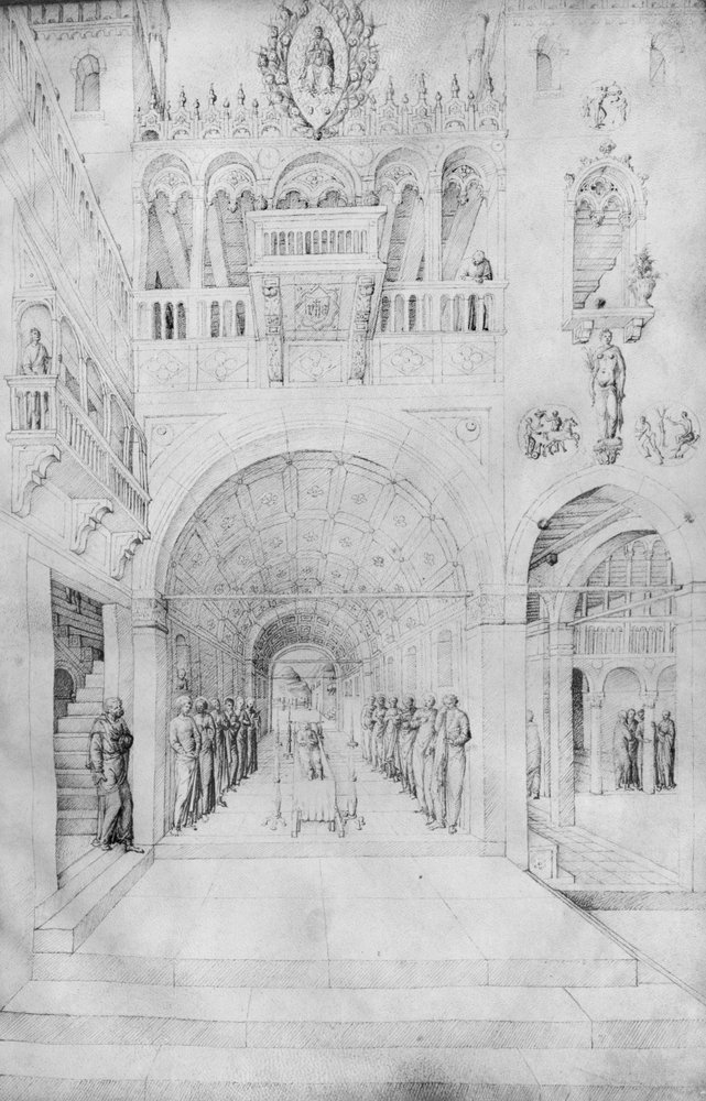 Death of the Virgin in the rich architecture of a Venetian palace, from ...