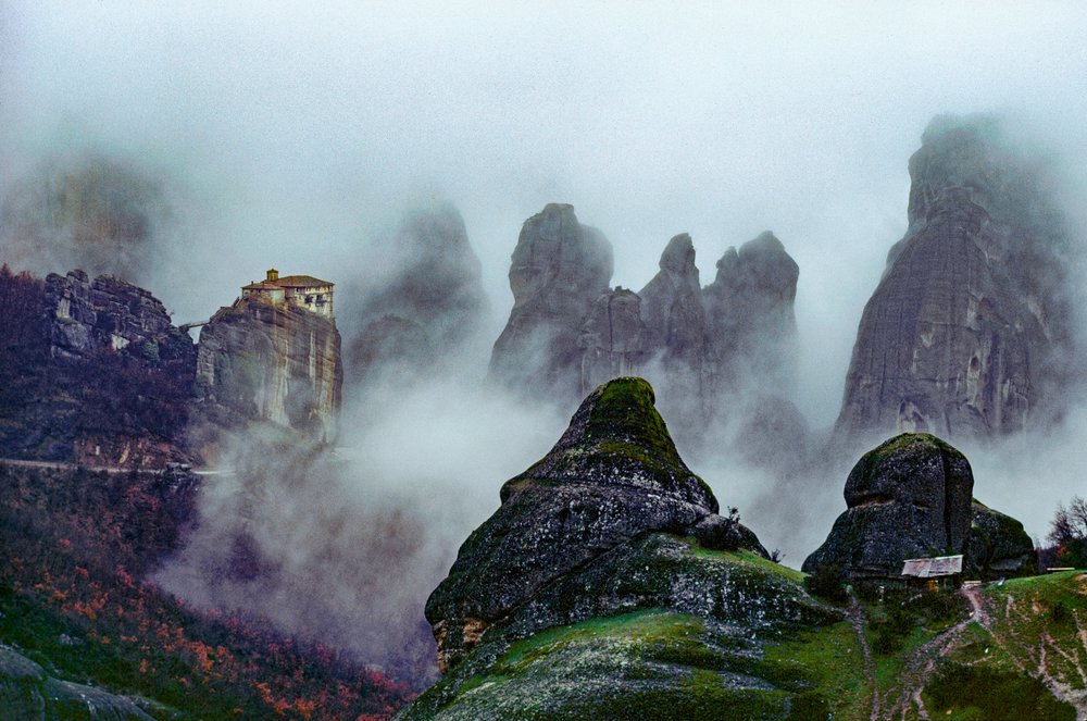 Fourteenth Century Monasteries, Rock Formations Shrouded in Fog, Meteora Monasteries