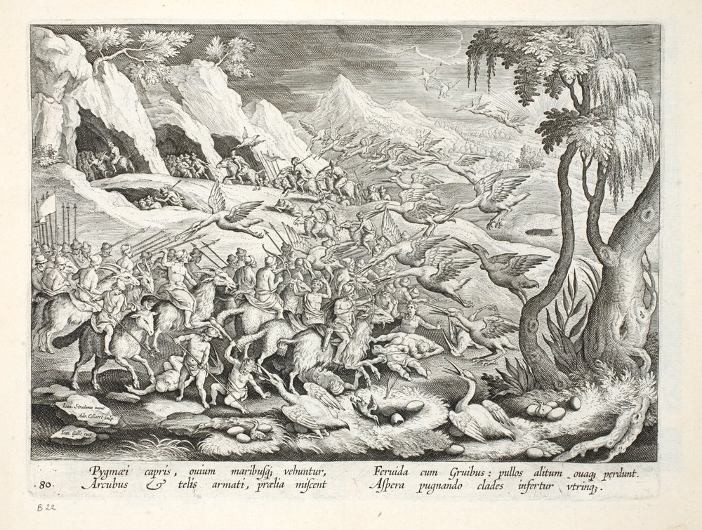 Pygmies on Goats Hunting Crane, Illustration from 'Venationes, Ferarum ...