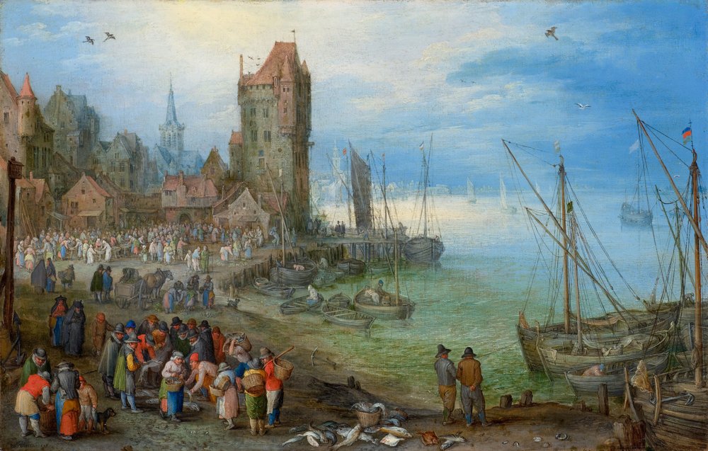 Harbor Scene with Fish Market by Jan Brueghel the Elder