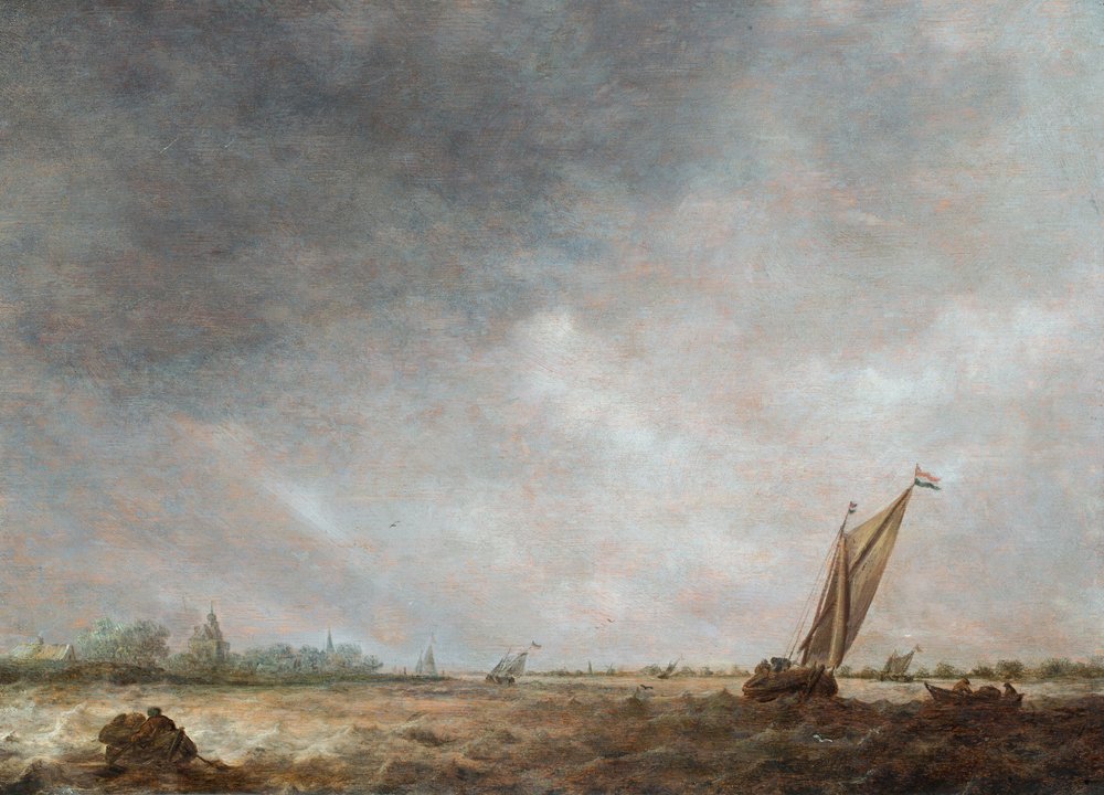 An Estuary Scene with Shipping in Choppy Water