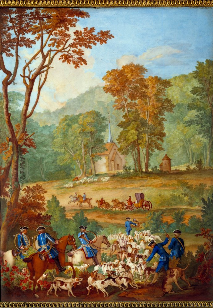 Plaque depicting the hunts of Louis XVI: 'The pack of common dogs going ...