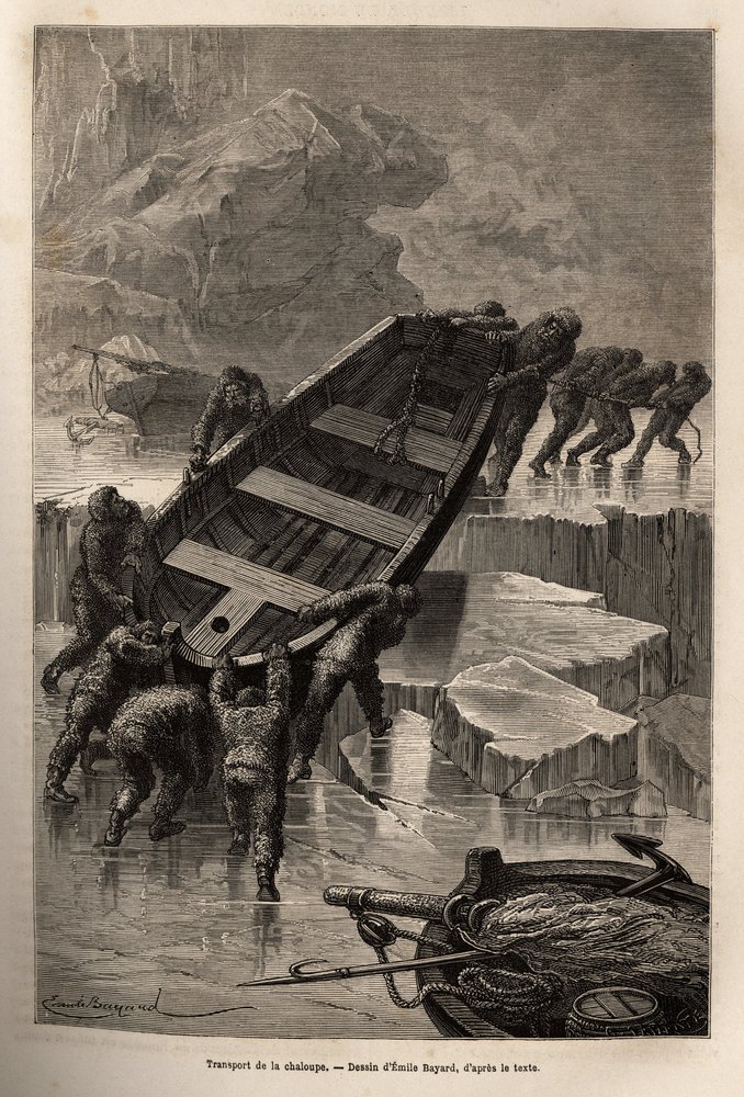 After the destruction of their camp, the crew of La Hansa carries boats ...