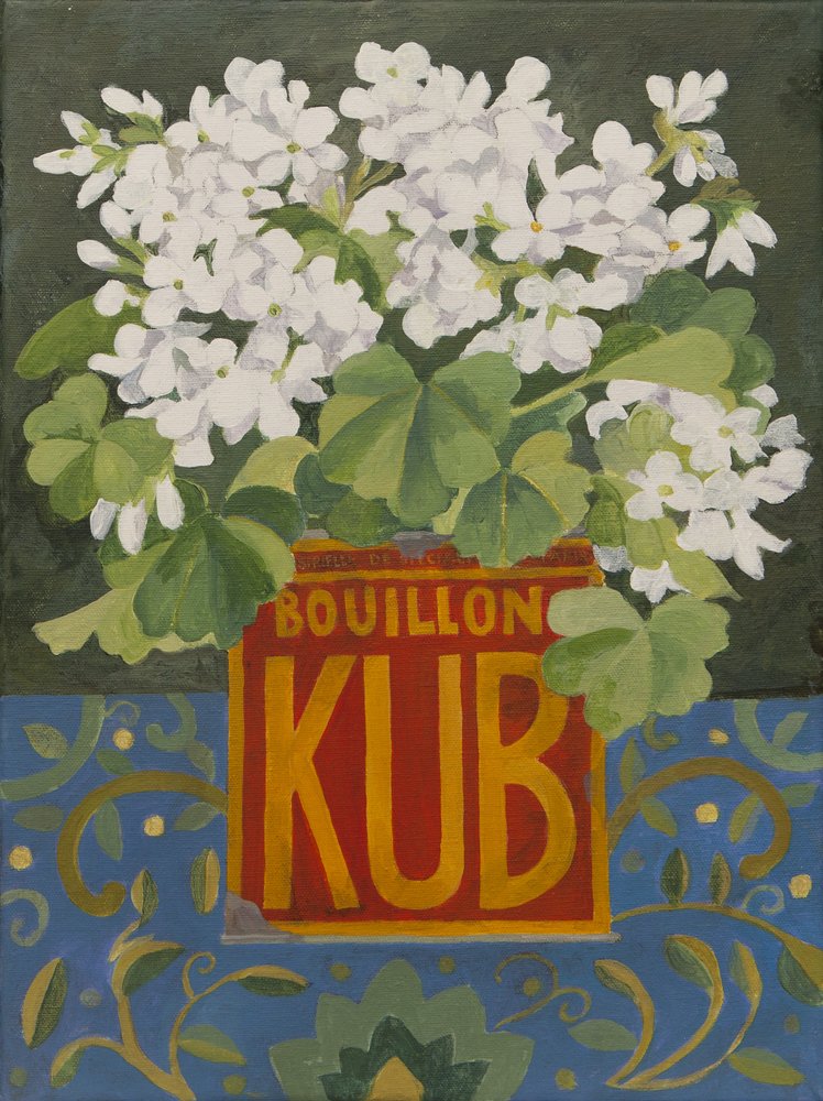 White geraniums in old stock cube tin by Jennifer Abbott