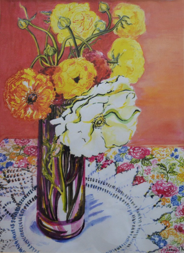 Ranunculus on a Lace Cloth by Joan Thewsey: Fine art print