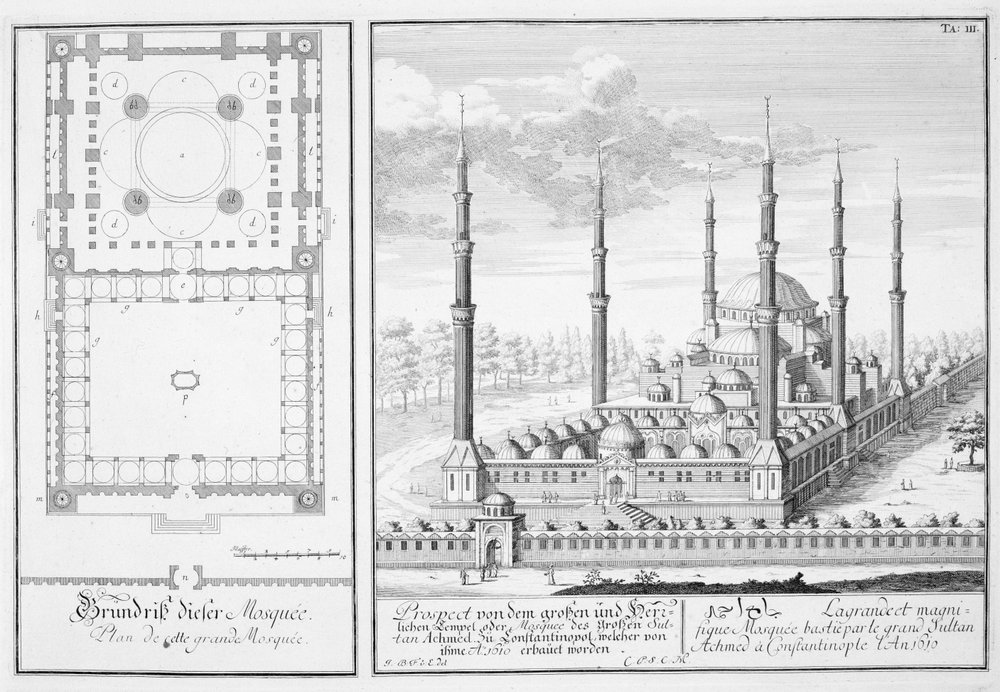 Plan and View of the Blue Mosque, built by Sultan Ahmed I, Istanbul ...
