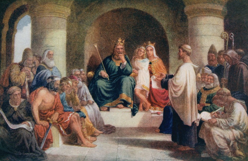 King Alfred submitting his laws to the Witan, illustration from 'Lives ...