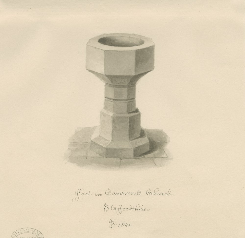 Font in Caverswall Church by John Buckler: Fine art print