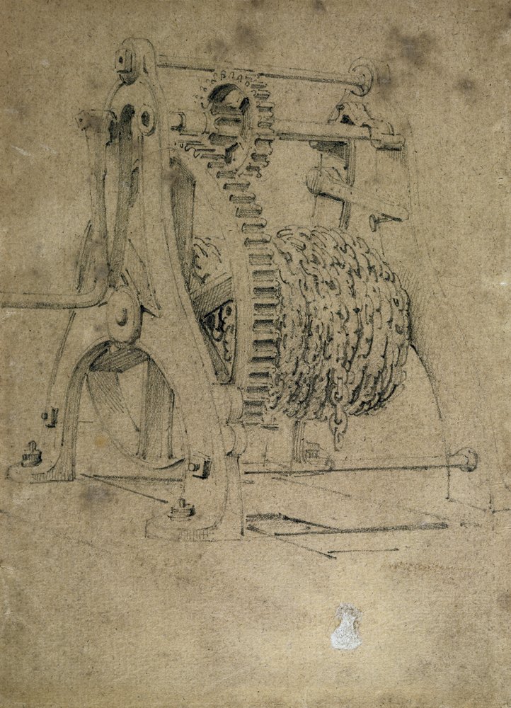 Winch or crab mechanism for winding chains, 1830s