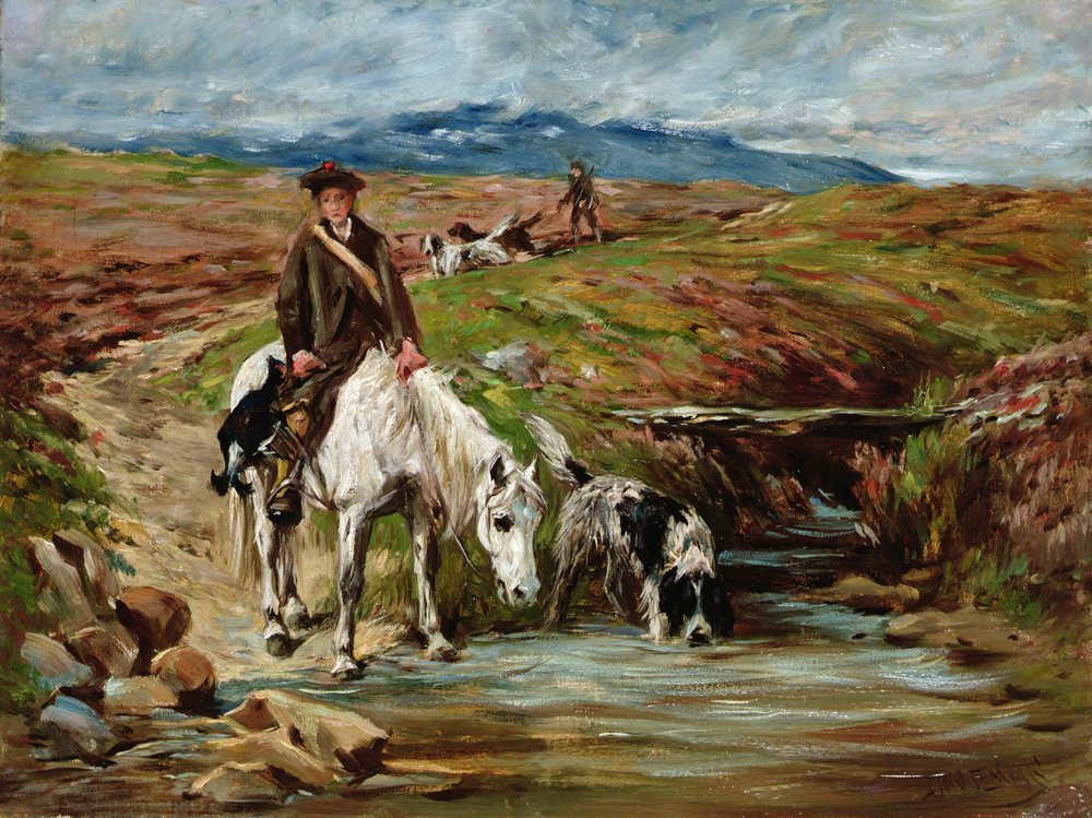 Horse and Spaniel Drinking from a Stream by John Emms