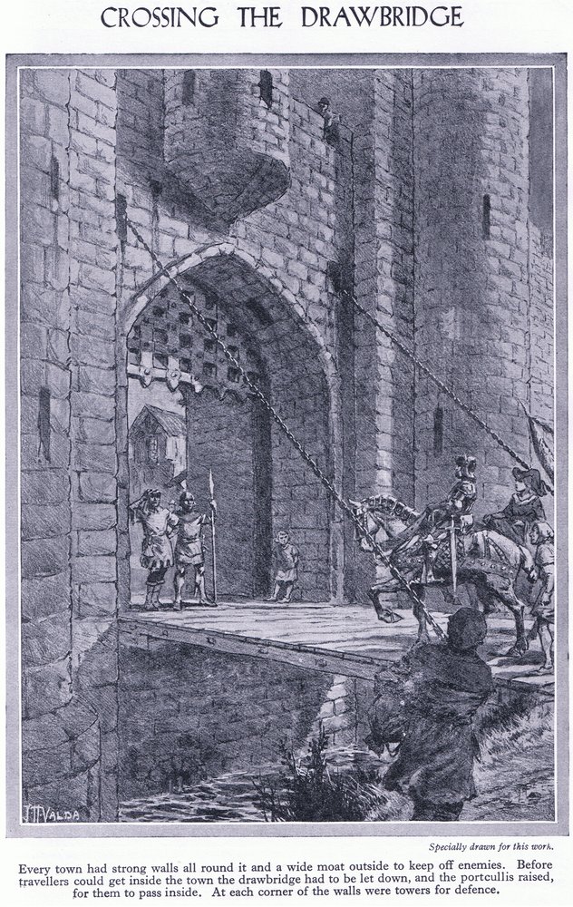Crossing the drawbridge. Every town has strong walls and a moat, a ...