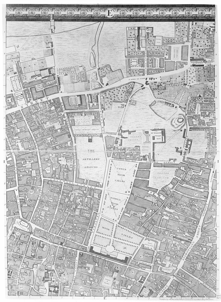 A Map of Moorfields and Hoxton, London, 1746 by John Rocque
