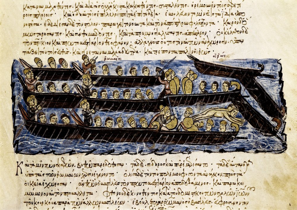 A Russian fleet, miniature from 'Synopsis historiarum', c.1126-1150