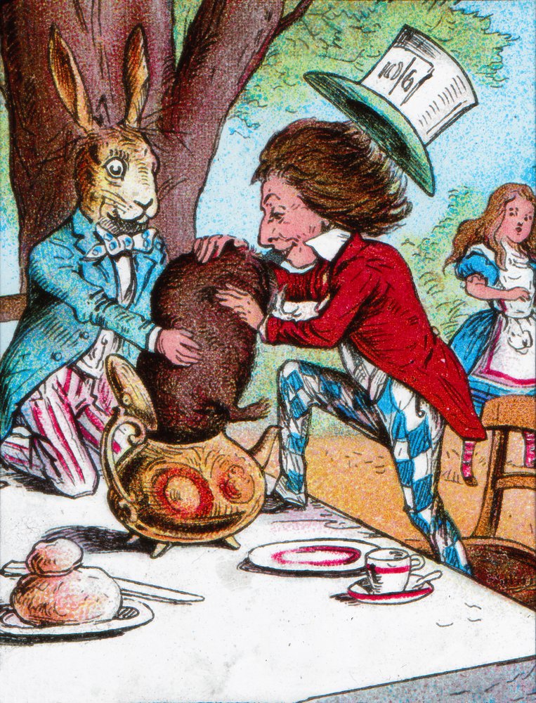 The Mad Hatter and the March Hare trying to put the Dormouse into a teapot
