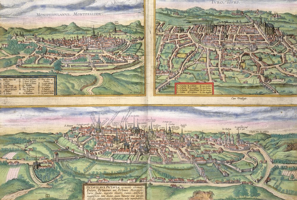Map of Montpellier, Tours, and Poitiers, from 'Civitates Orbis Terrarum ...