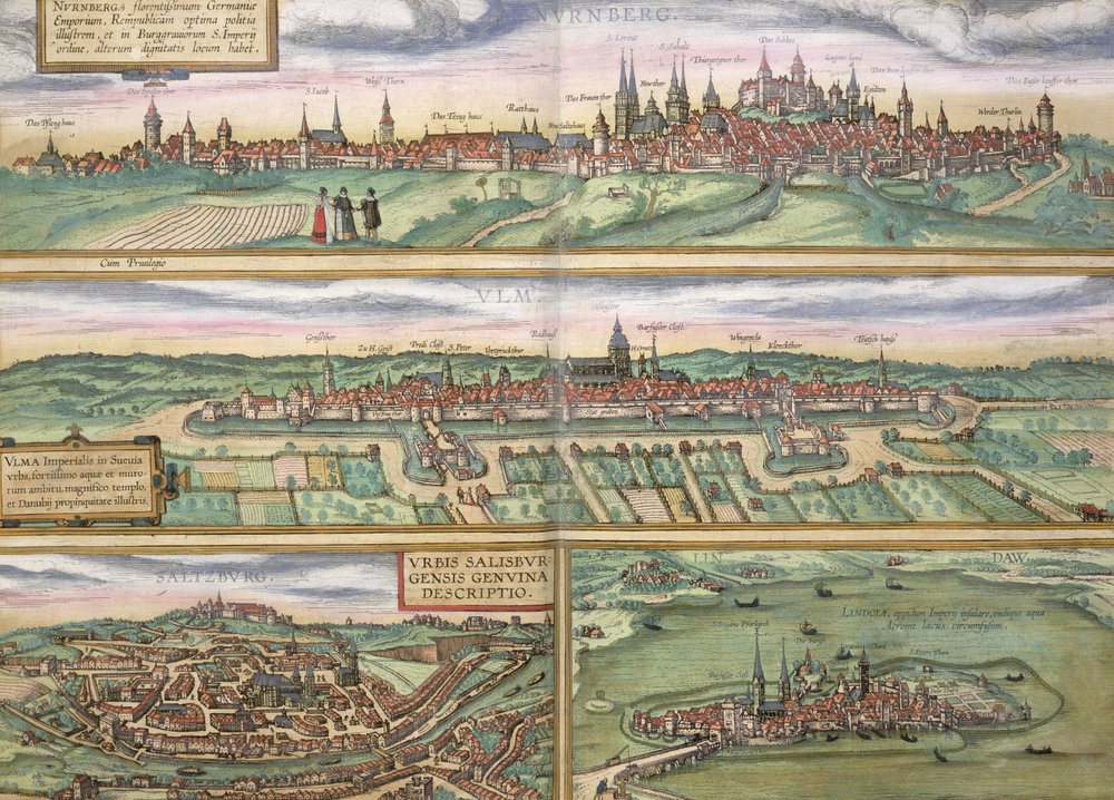 Map of Nuremberg, Ulm, and Saltzburg, from 'Civitates Orbis Terrarum ...