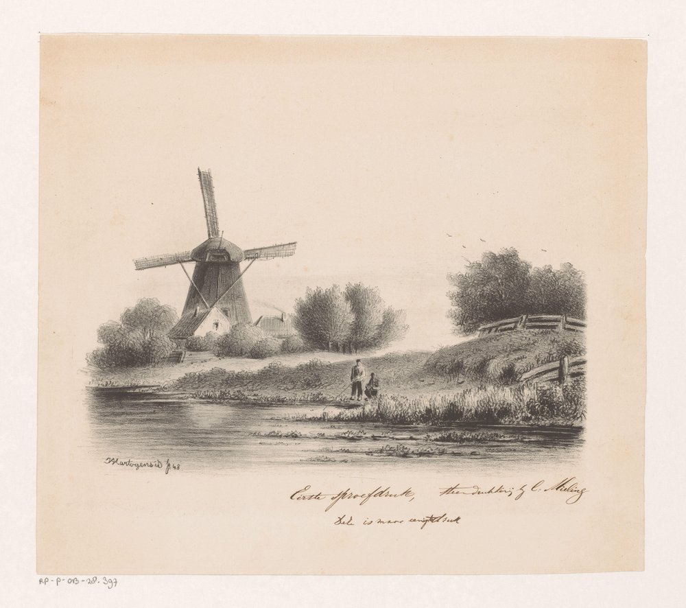 Landscape with Mill and Two Fishermen by Joseph Hartogensis