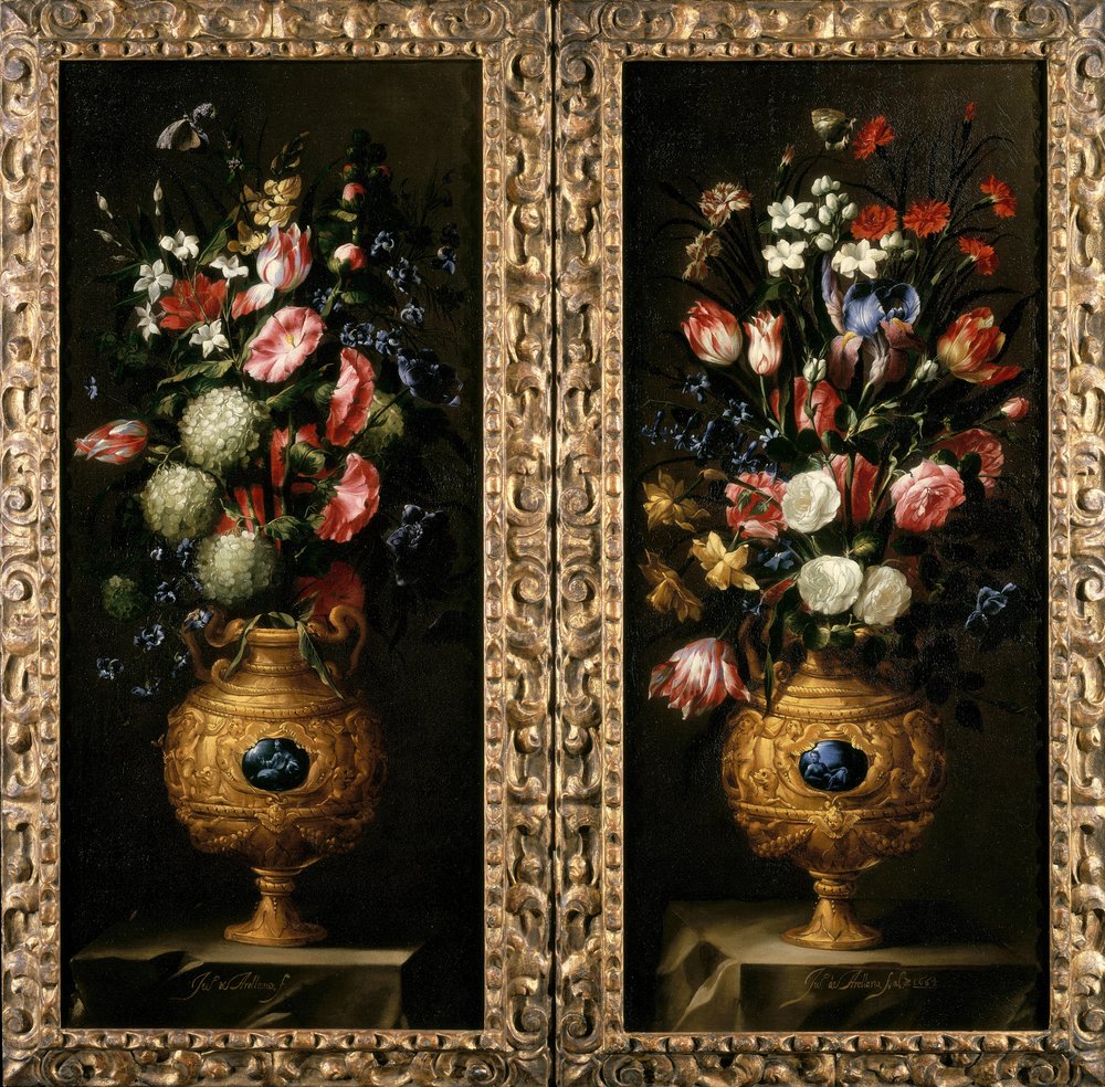 Pair of Still Lives of Flowers in Decorative Gold Vases with Lapiz ...