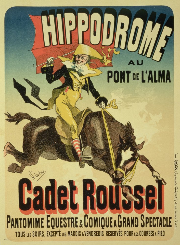 Reproduction of a poster advertising 'Cadet Roussel', an equestrian ...