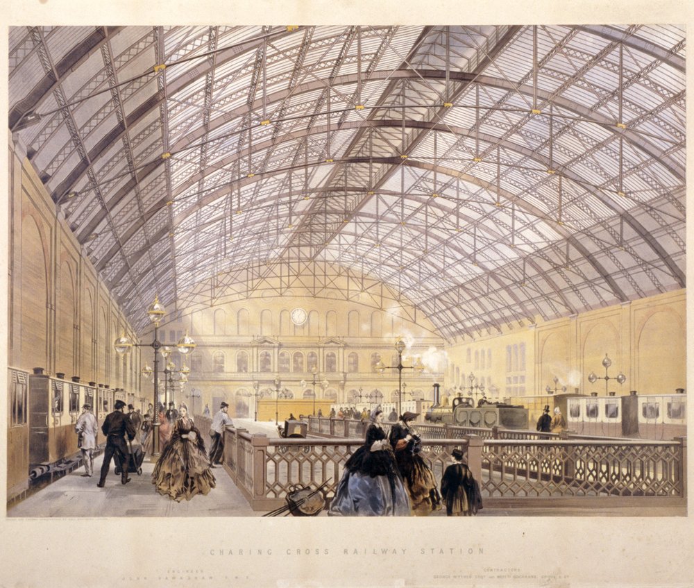 Interior of Charing Cross Station Showing Trains and the Iron Roof, London