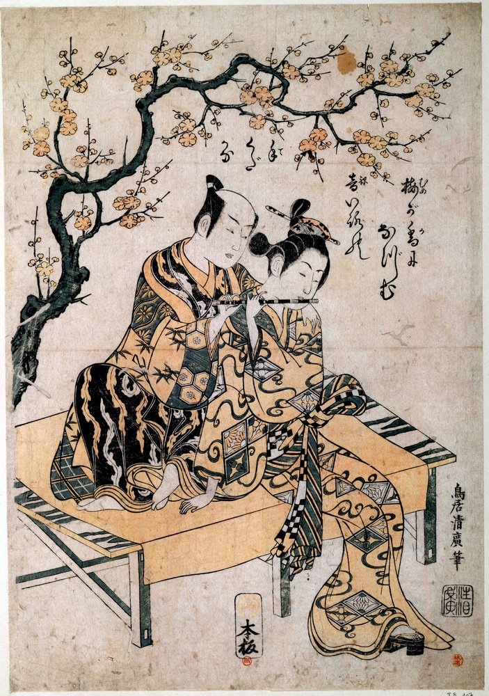 Japanese art: a musician gives a flute lesson to a young woman