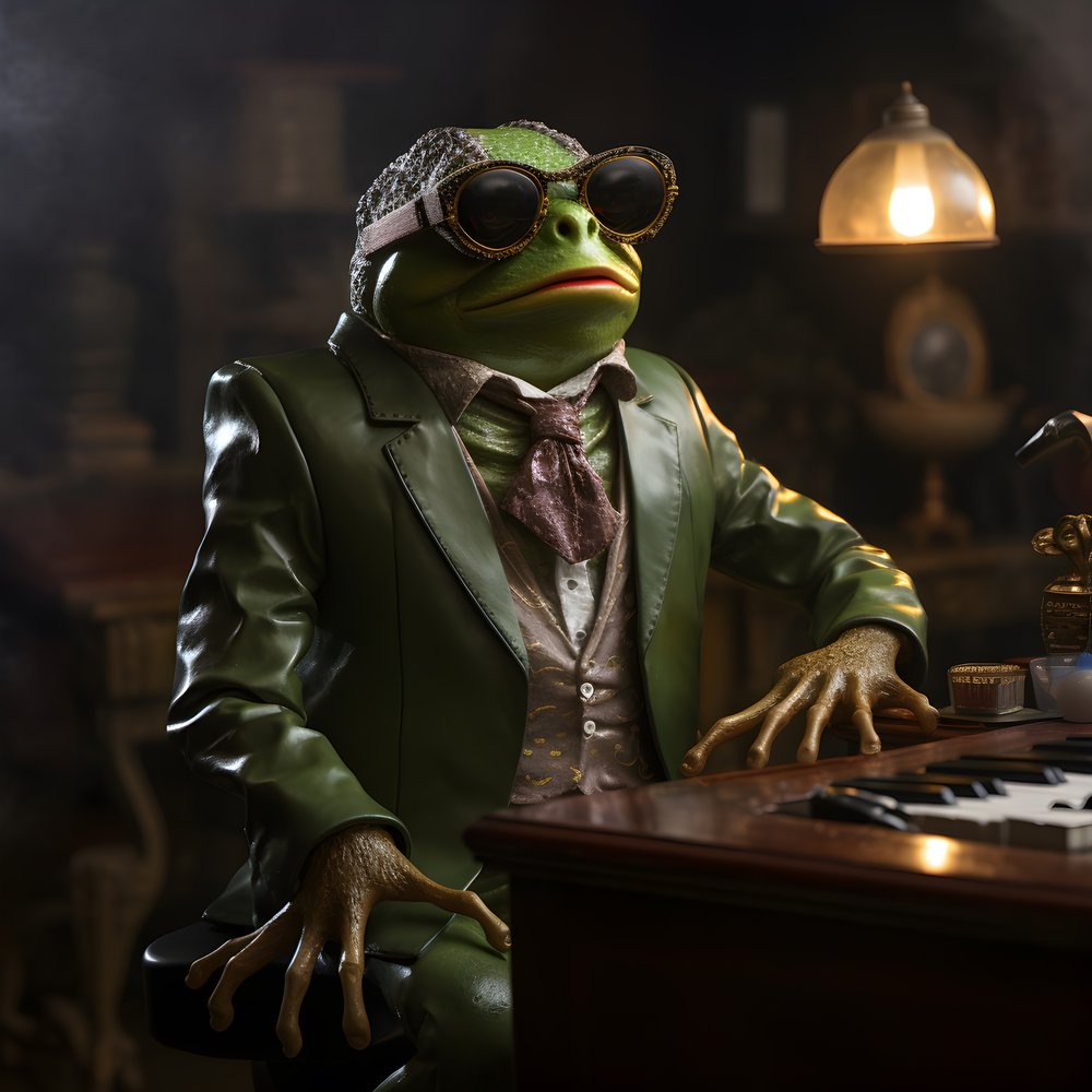 Elton John as a frog with sunglasses and piano 2