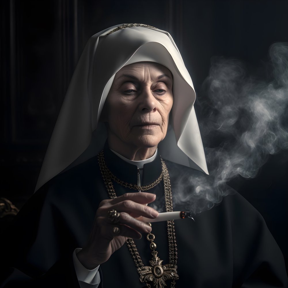 Nun with Diamond Necklace Smoking a Cigar 3 by Kurt Heppke