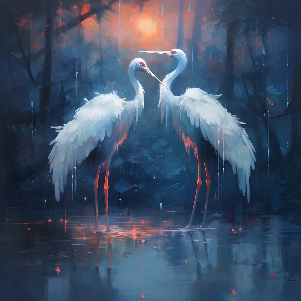 beautiful, magnificent, cinematic painting, two cranes kissing in the ...
