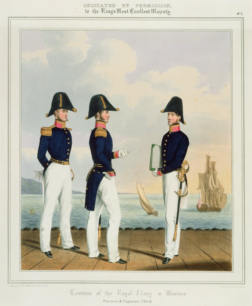 Pursers and Captain's Clerk, plate 7 from 'Costume of the Royal Navy ...