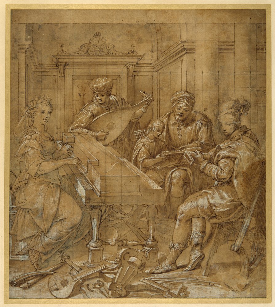 An allegory of music: Fame at the virginals; two young lutenists seated ...