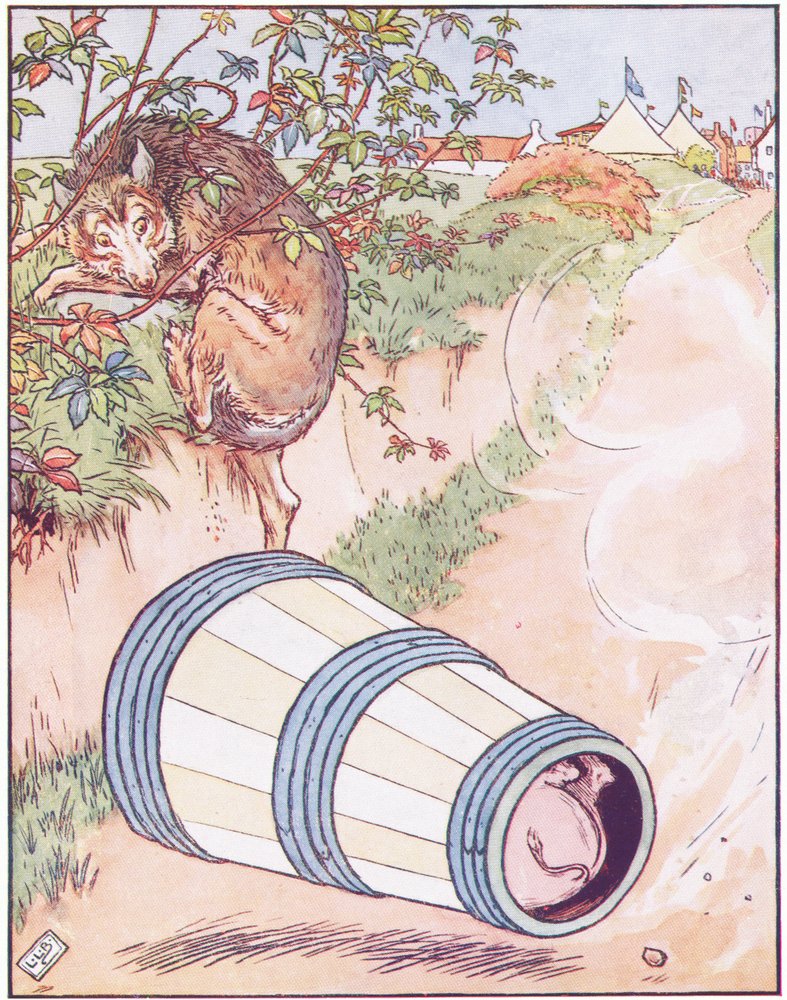 The churn began to roll, and rolled down hill with the pig inside