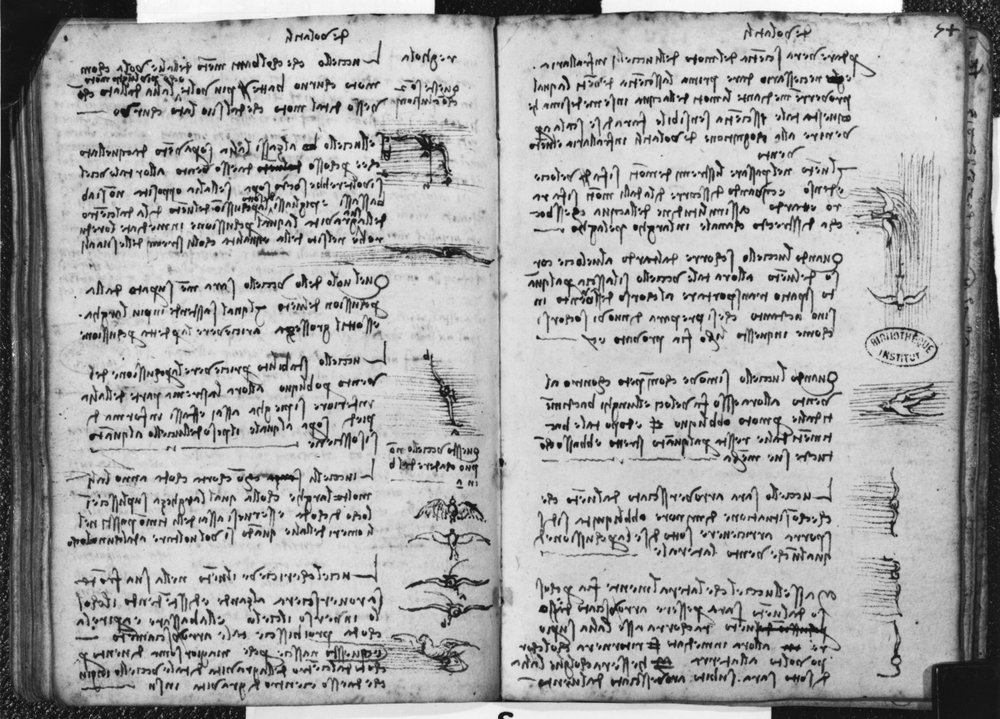Paris Manuscript E, fol. 53v and 54r: Sketch depicting the flight of ...