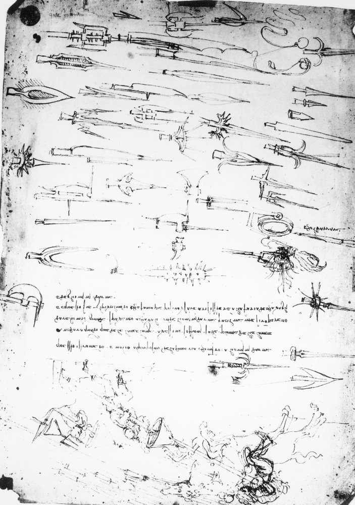 Sheet of studies of foot soldiers and horsemen in combat, and halbards ...