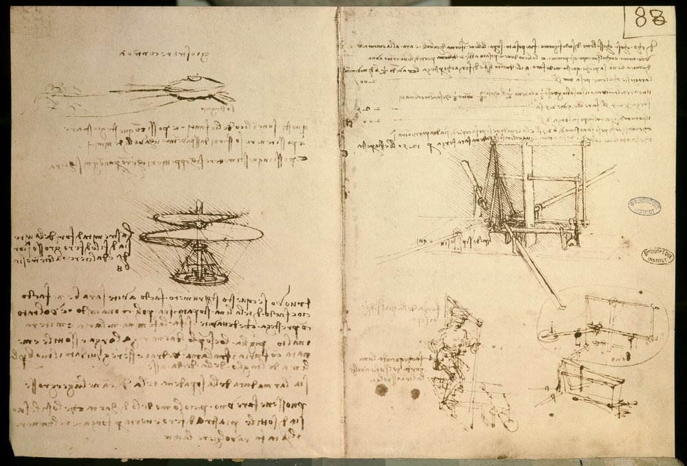 Flying machines, one of the first drawings of a helicopter-like flying ...