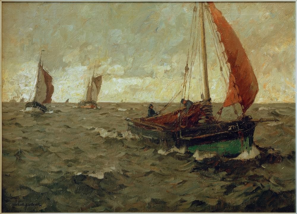 Fishing Cutter at Sea with Approaching Clouds
