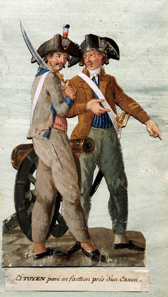 French Revolution: citizen poses in faction near a cannon. Gouache of ...