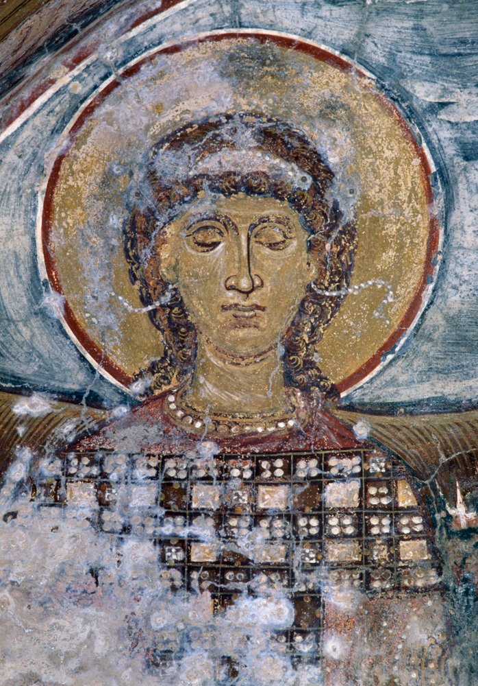 Fresco with Saint in Byzantine Church of Agios Georgios, Vathi, Crete ...