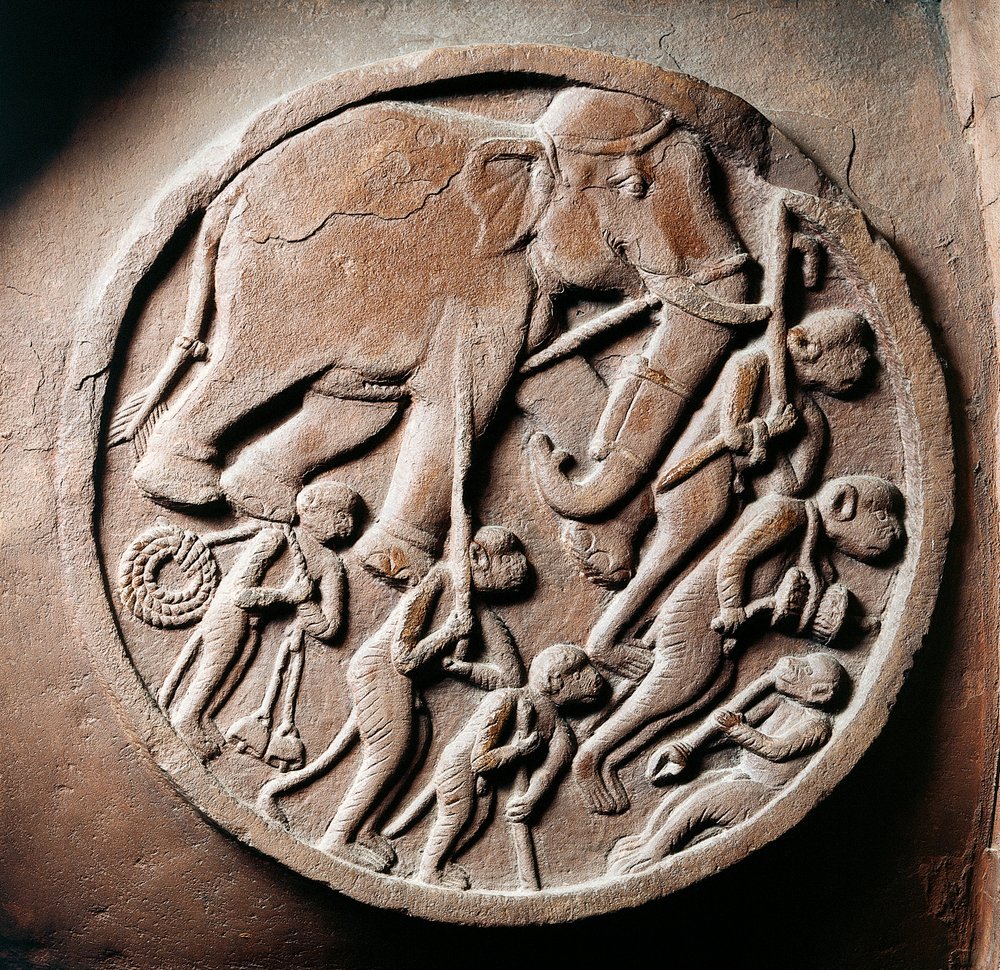 Medallion with Monkeys and Elephants, Relief from Stupa of Bharhut, 2nd ...