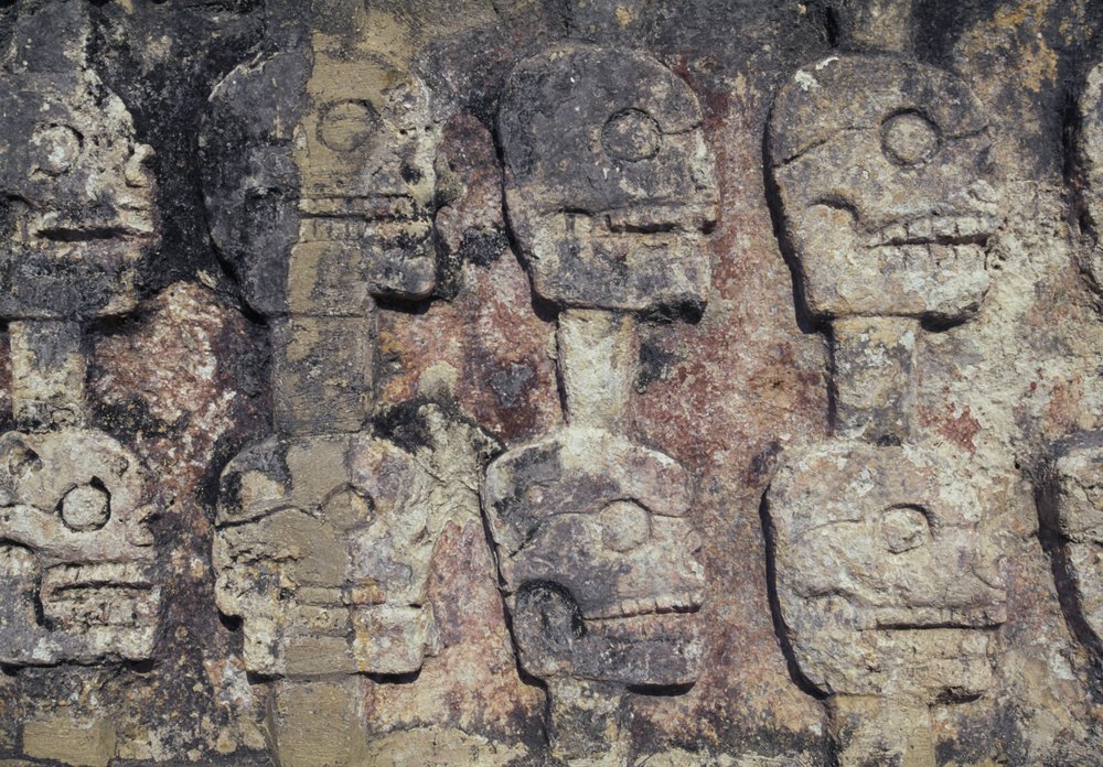 Relief depicting human skulls, detail of the Tzompantli, or Wall of ...