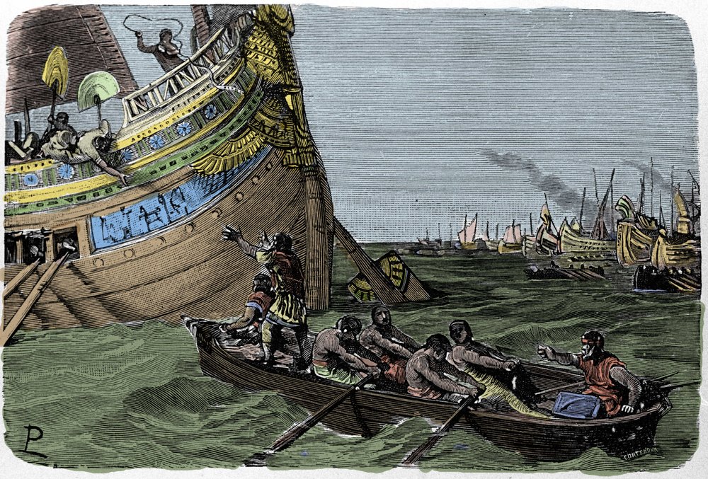 Marc Antony joins Cleopatra in flight after the defeat in the Battle of ...